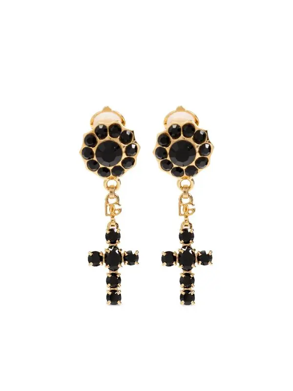 Dolce & Gabbana Tone Crystal Cross Pendant Drop Earrings - Gold