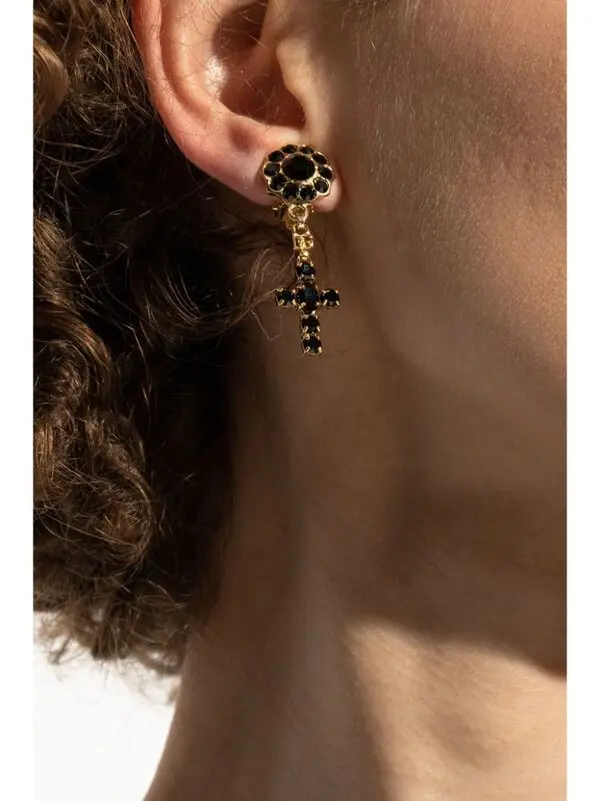 Dolce & Gabbana Tone Crystal Cross Pendant Drop Earrings - Gold