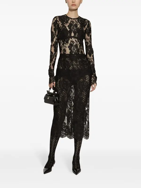 Dolce & Gabbana Calf-length Floral Lace Dress - Black