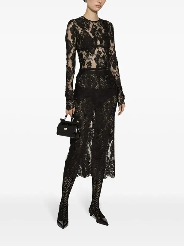 Dolce & Gabbana Calf-length Floral Lace Dress - Black