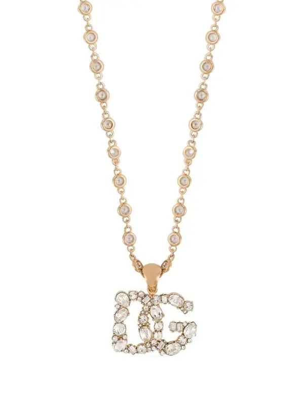 Dolce & Gabbana Tone Crystal Embellished Logo Pendant Necklace