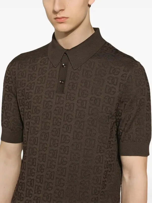 Dolce & Gabbana Monogram-jacquard Silk Polo Shirt - Brown