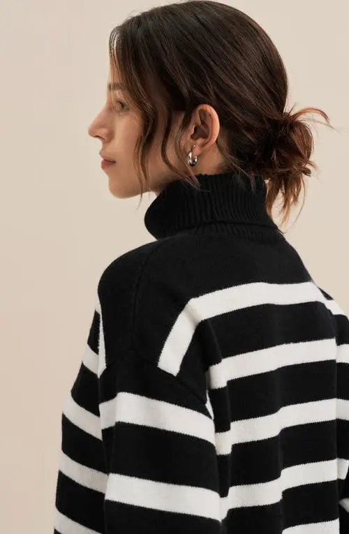 Lilysilk Tarra Stripe Turtleneck Sweater - Black