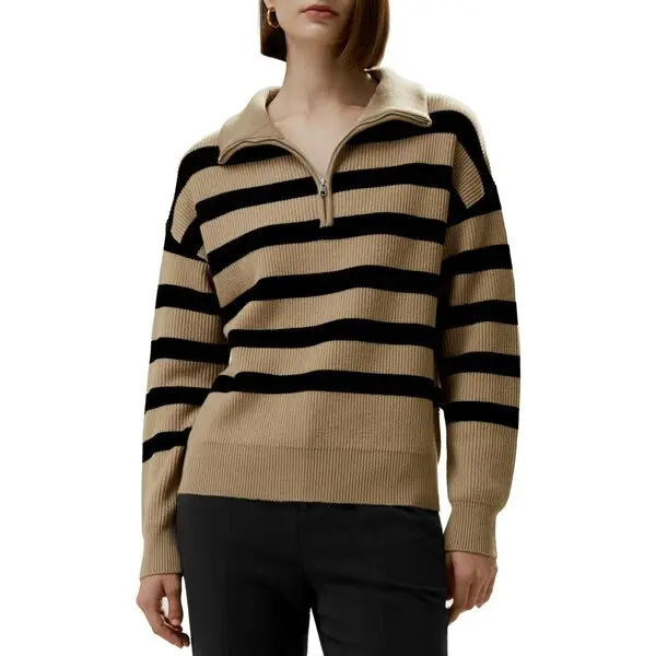 Lilysilk Collared Quarter-zip Striped Wool Sweater - Brown