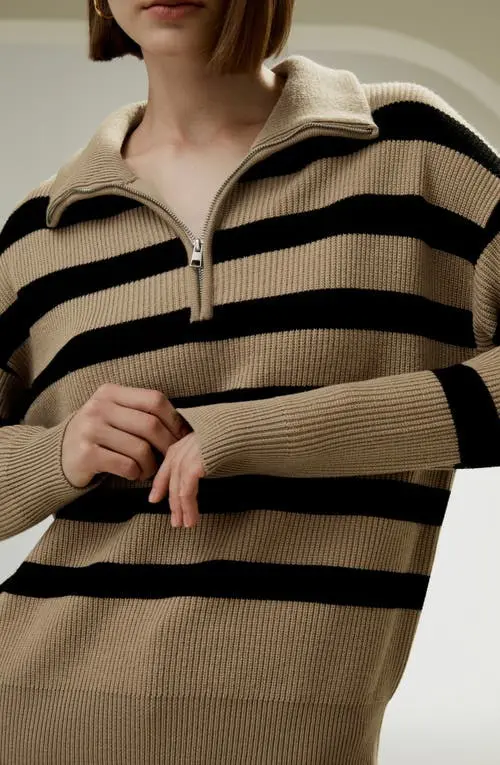 Lilysilk Collared Quarter-zip Striped Wool Sweater - Brown