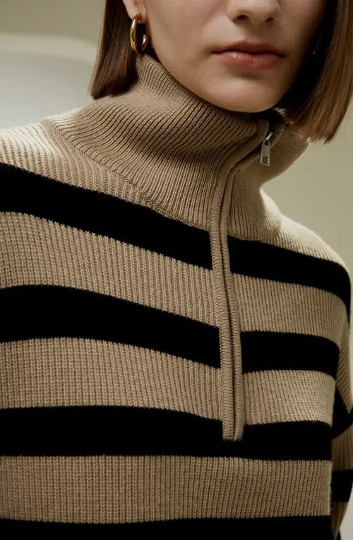 Lilysilk Collared Quarter-zip Striped Wool Sweater - Brown