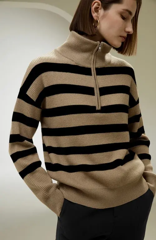Lilysilk Collared Quarter-zip Striped Wool Sweater - Brown
