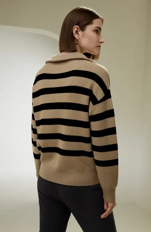 Lilysilk Collared Quarter-zip Striped Wool Sweater - Brown