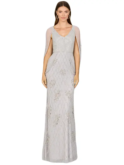LARA NEW YORK Beaded Cape Sleeve Gown - Silver