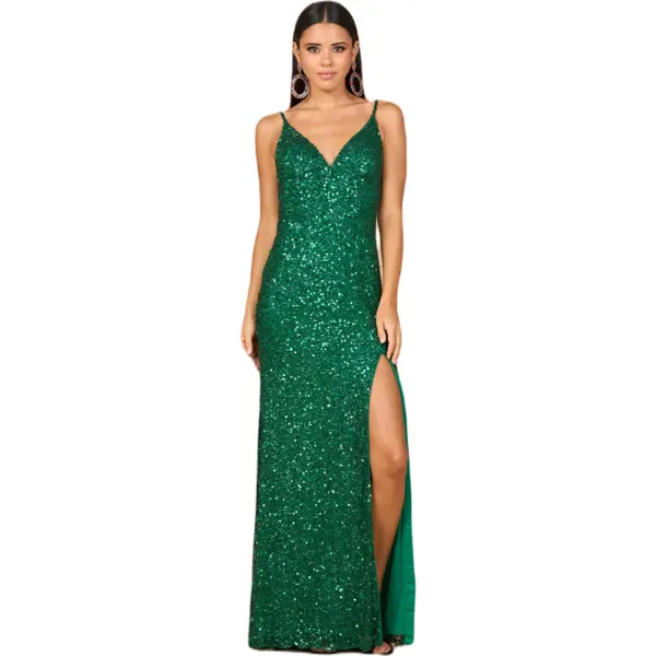 LARA NEW YORK Beaded V-neck Gown With Slit - Green