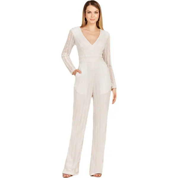 LARA NEW YORK Beaded Long Sleeve Jumpsuit - Ivory