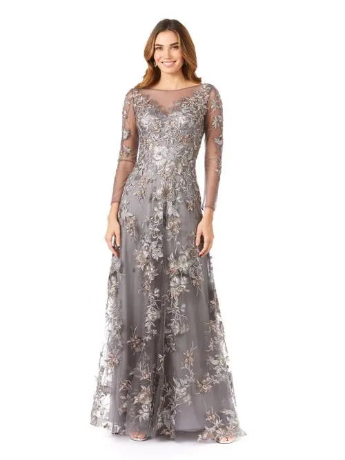 LARA NEW YORK Long Sleeve Modest Lace Gown - Grey