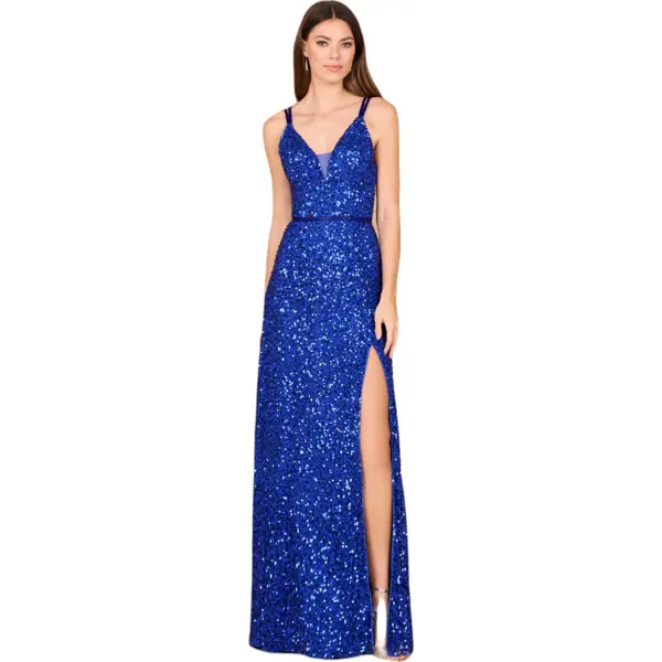 LARA NEW YORK Embellished Tulle Gown With Thigh-high Slit - Sapphire