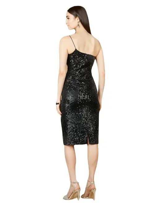 LARA NEW YORK Beaded One-shoulder Midi Dress - Black