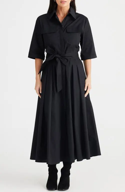 BRAVE+TRUE Rossellini Pleated Cotton Shirt Dress - Black
