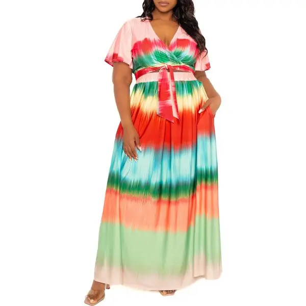 BUXOM COUTURE Gradient Stripe Wrap Crop Top & Maxi Skirt Set