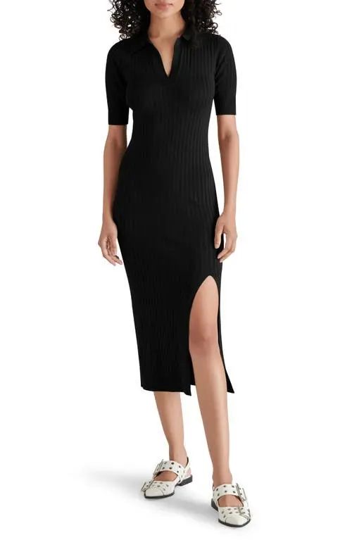 knee length dresses for ladies Chunky Ribbed - Tie Waist Pocket Midi Sweater Dress - Black main image 0