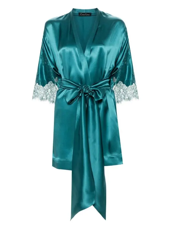 Carine Gilson Lace-trim Silk Robe - Blue
