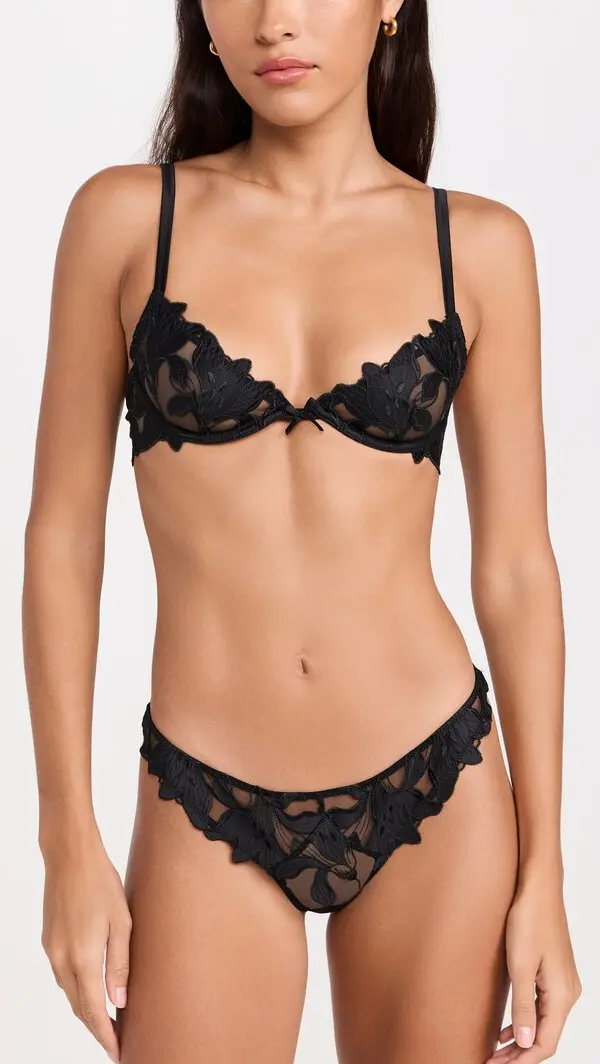 FLEUR DU MAL Lily Embroidery Hipster Thong - Black