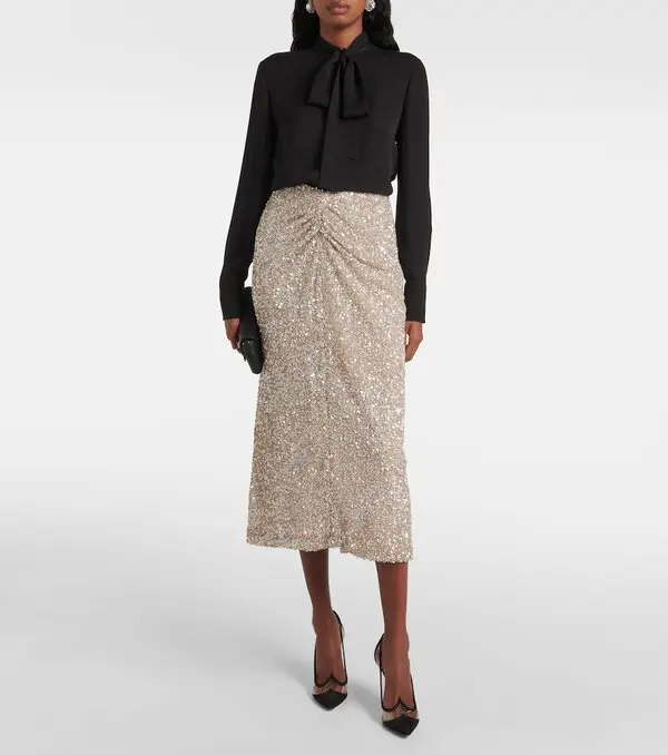 Costarellos Zuri Ruched Sequined Midi Skirt