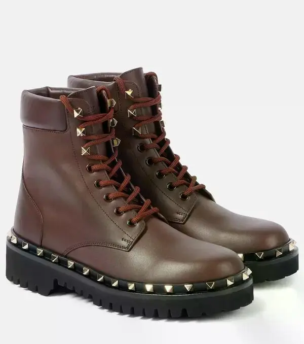Valentino Garavani Rockstud Leather Combat Boots - Brown
