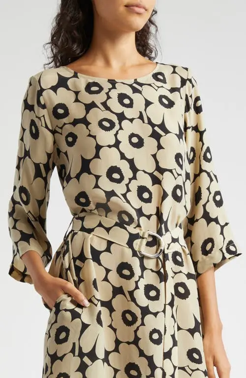 Marimekko Tiheys Unikko Belted Three-Quarter Sleeve Cupro Dress In