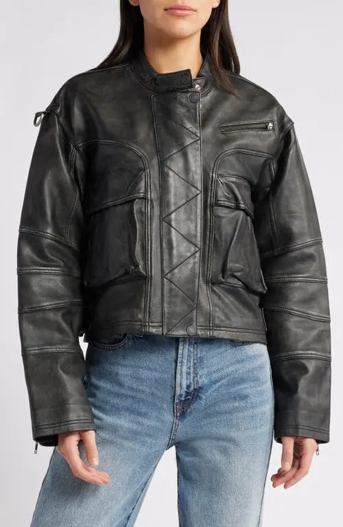 Free People Adrienne Leather Bomber Jacket - Black