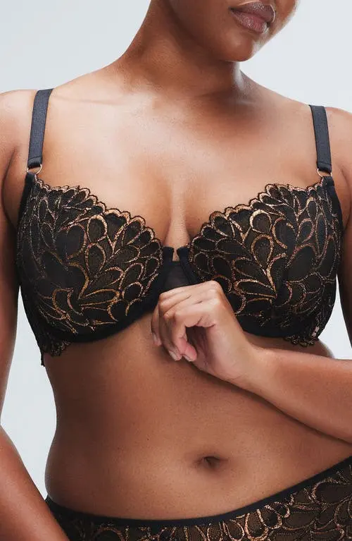 SAVAGE X FENTY Savage Not Sorry Unlined Lace Balconette Bra - Black Caviar/bronze Metallic