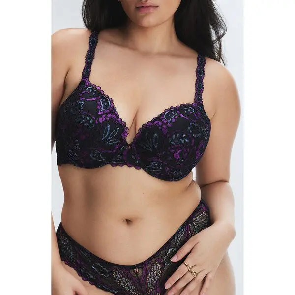 SAVAGE X FENTY Romantic Corded Lace Padded Demi Bra - Black Caviar/purple Metallic