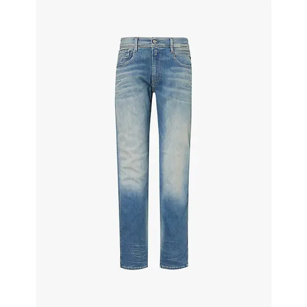 REPLAY Anbass Hyperflex Whiskering Slim Fit Straight-leg Jeans - Medium Blue