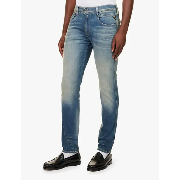 REPLAY Anbass Hyperflex Whiskering Slim Fit Straight-leg Jeans - Medium Blue