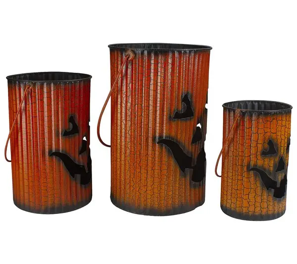 NORTHLIGHT 3 Pc Metal Pumpkin Lantern Set Decor