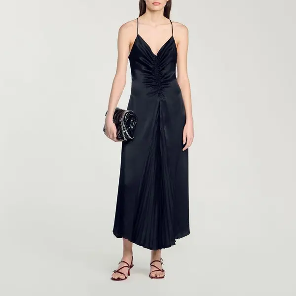 Sandro Satin-effect Maxi Dress - Navy Blue
