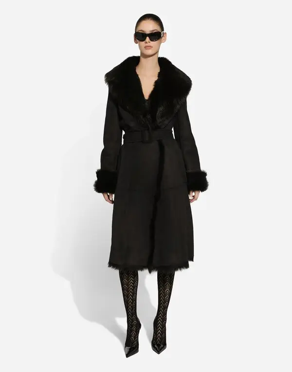 Dolce & Gabbana Shearling Coat With Belt - Black