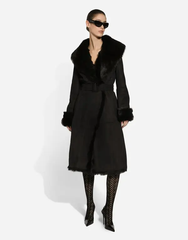 Dolce & Gabbana Shearling Coat With Belt - Black