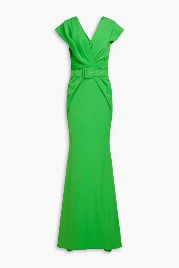 RHEA COSTA Belted Draped Crepe Gown