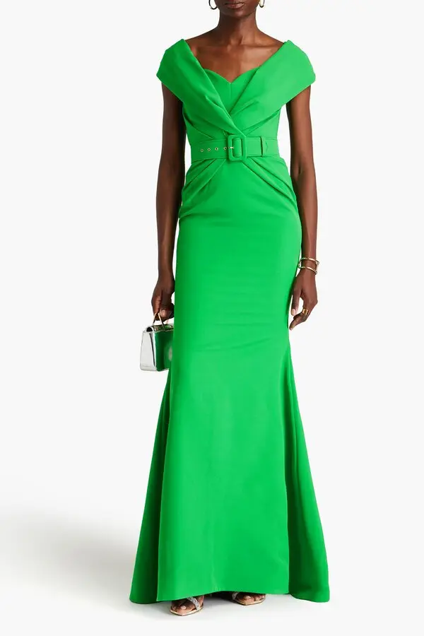 RHEA COSTA Belted Draped Crepe Gown