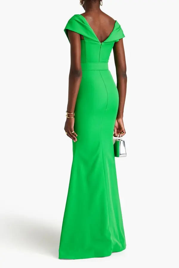 RHEA COSTA Belted Draped Crepe Gown