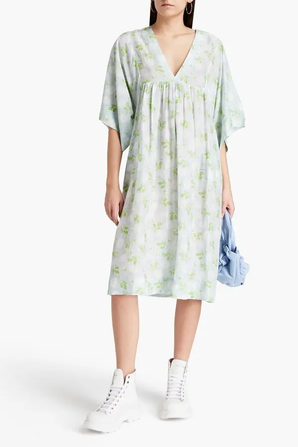 ganni floral-print linen and silk-blend midi dress Ruched asymmetric printed recycled-satin midi dress - light blue
