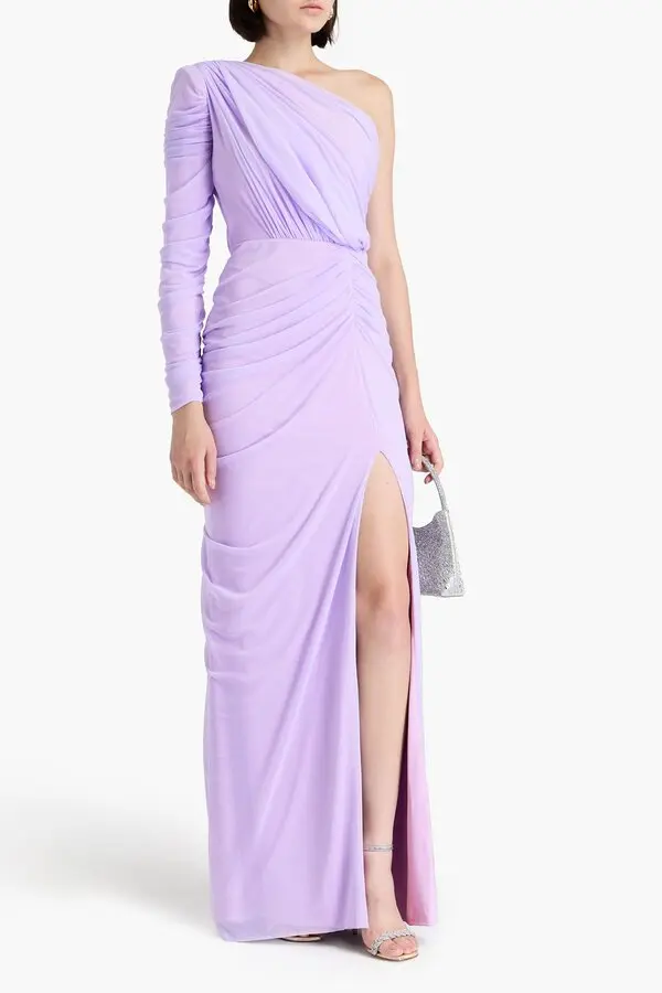 RHEA COSTA One-sleeve Ruched Tulle Gown - Lavender