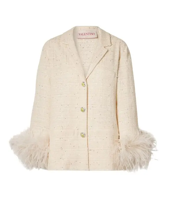 Valentino Garavani Feather-trimmed Embellished Bouclé-tweed Blazer