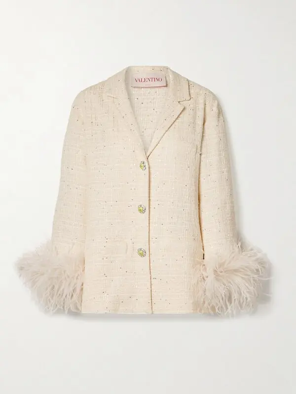 Valentino Garavani Feather-trimmed Embellished Bouclé-tweed Blazer