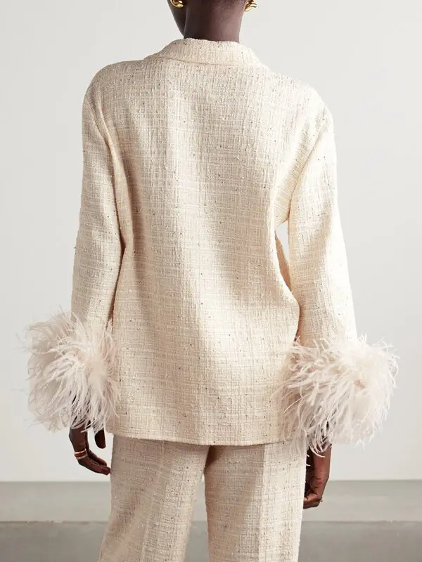 Valentino Garavani Feather-trimmed Embellished Bouclé-tweed Blazer