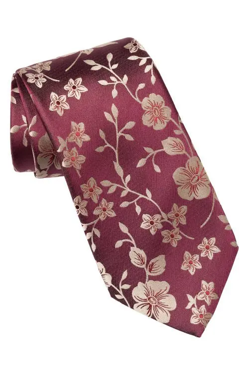 ELIZABETTA Silvio Extra Long Floral Jacquard Neck Tie - Antique Burgundy