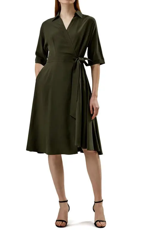 Lilysilk Front Tie Wrap Dress - Olive Green