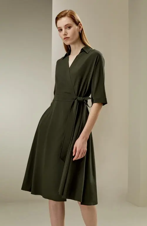 Lilysilk Front Tie Wrap Dress - Olive Green