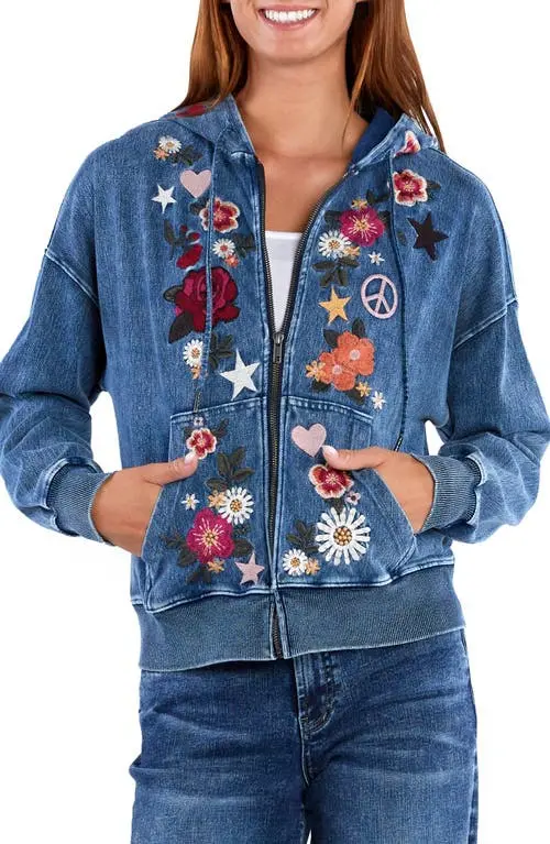 BILLY T Camp Peace Floral Embroidered Hoodie - Denim