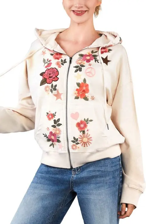 BILLY T Floral Embroidered Hoodie - Iced Latte