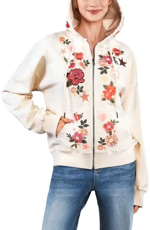 BILLY T Floral Embroidered Hoodie - Iced Latte