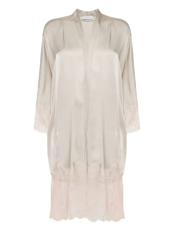 Carine Gilson Calais-caudry Lace-trim Silk Robe - Grey